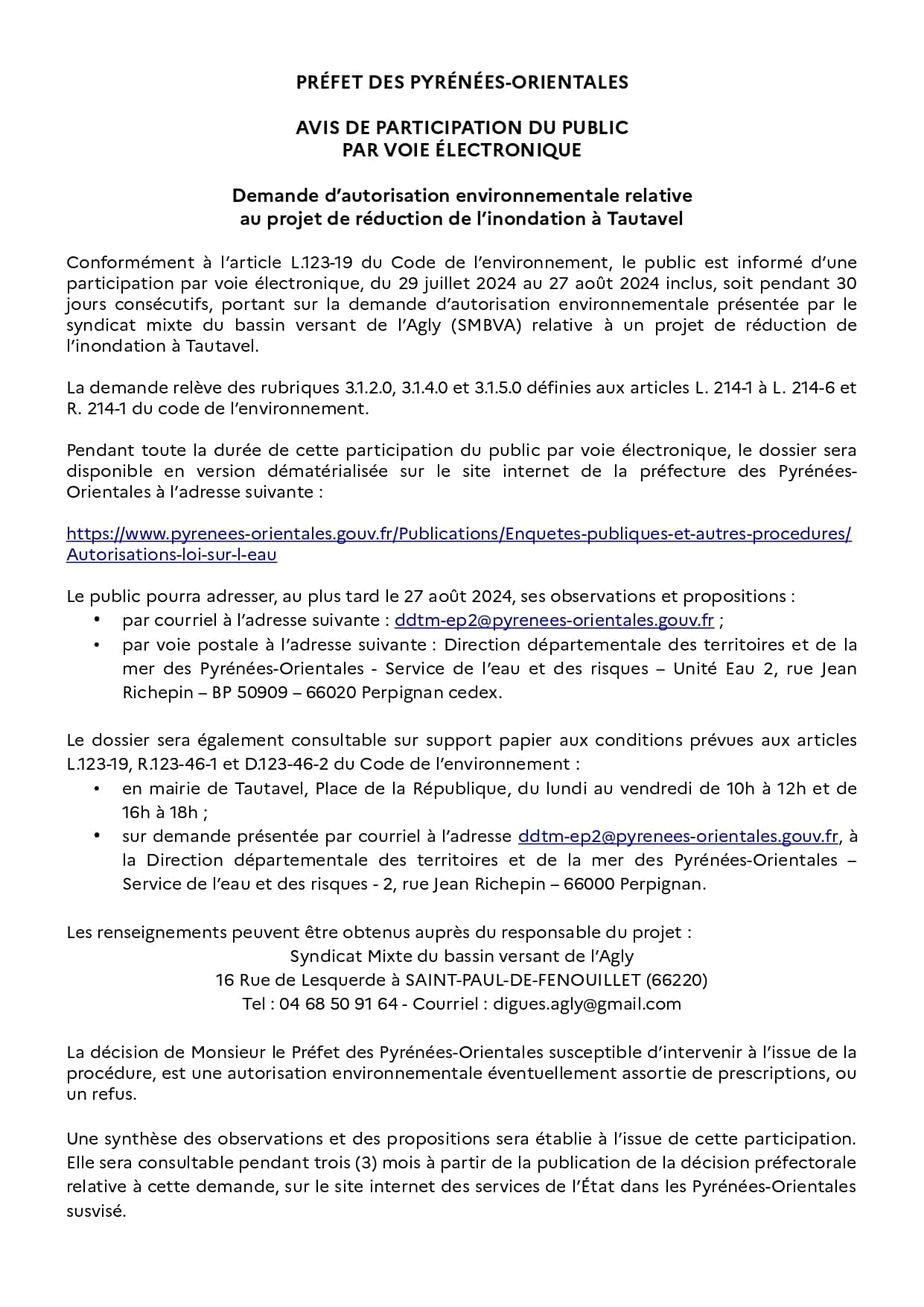 AVIS DE PARTICIPATION DU PUBLIC PAR VOIE ÉLECTRONIQUE - SMBVA